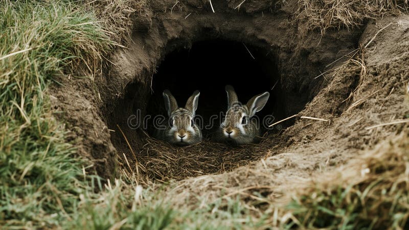 Two Rabbits Nestled in a Burrow with Grass Stock Photo - Image of ...