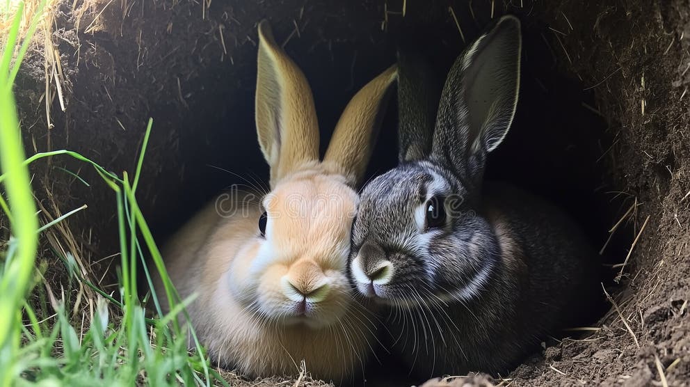 Two Rabbits Nestled in a Burrow with Grass Stock Photo - Image of ...