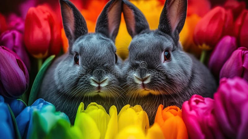 Two Rabbits Nestled in Rainbow Tulips, Spring Greeting Card Stock Photo ...
