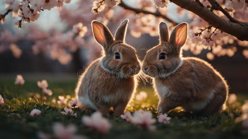 Adorable Bunny Couple in Spring Blossoms Stock Illustration ...