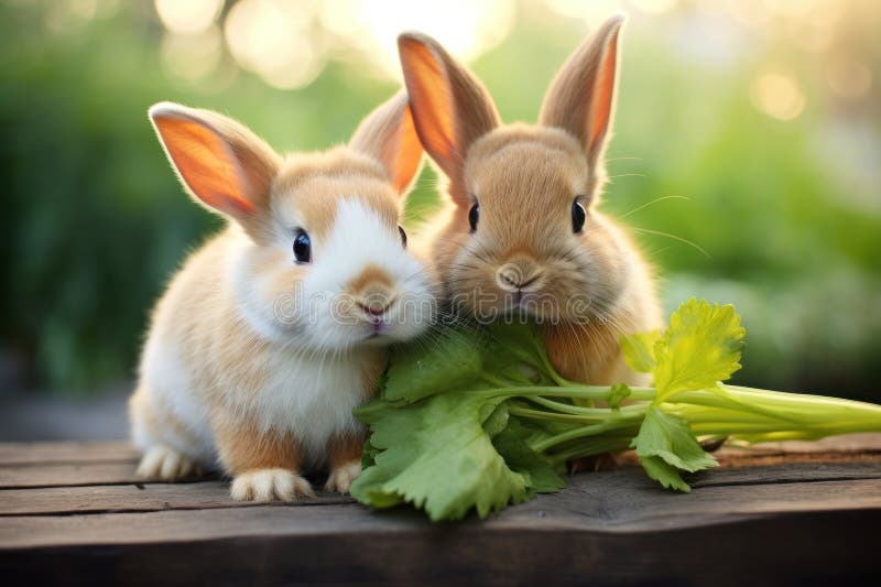 Two Rabbits Nibble on Two Carrots in the Garden. Stock Image - Image of ...