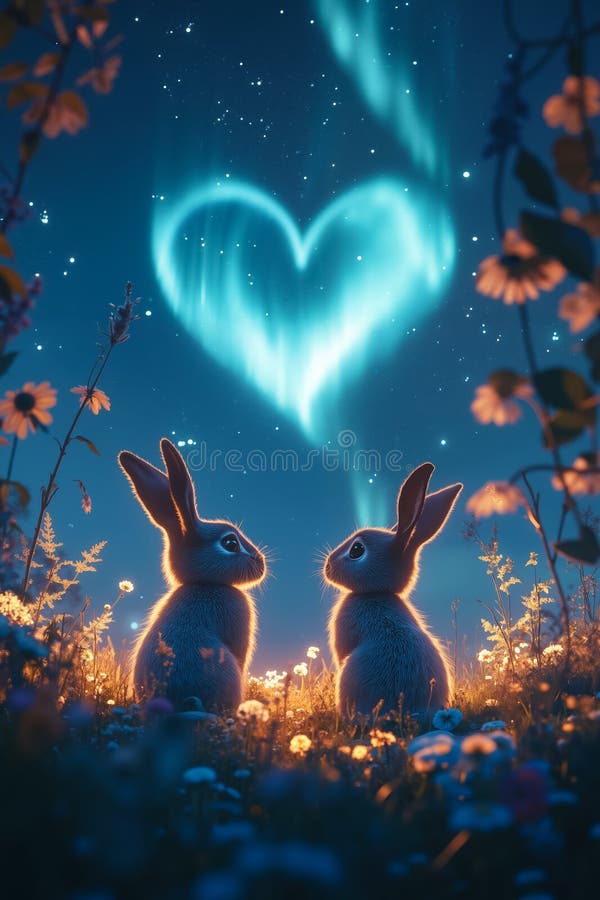 Two Rabbits in the Night Sky with a Heart Shaped Light Stock ...
