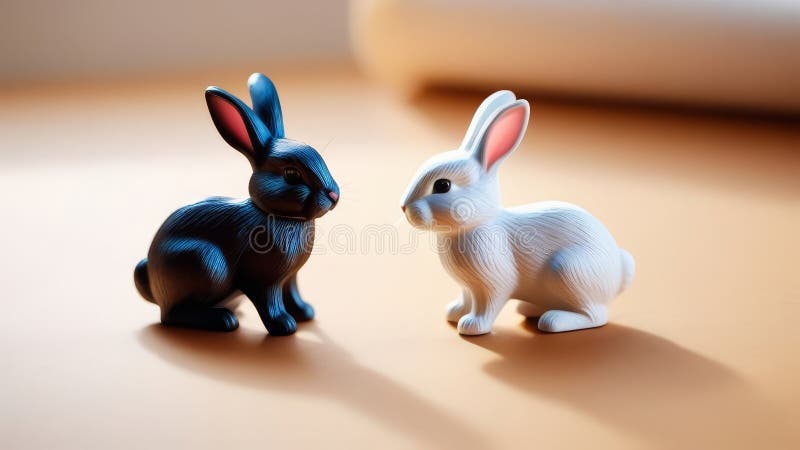 Two Rabbits, One Black and One White, Sit on a Table. the Black Rabbit ...