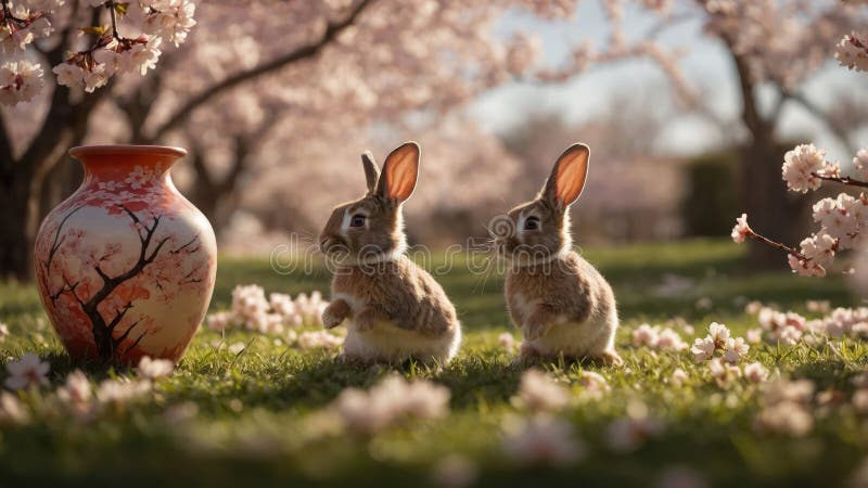 Adorable Baby Rabbits in a Cherry Blossom Garden Stock Illustration ...