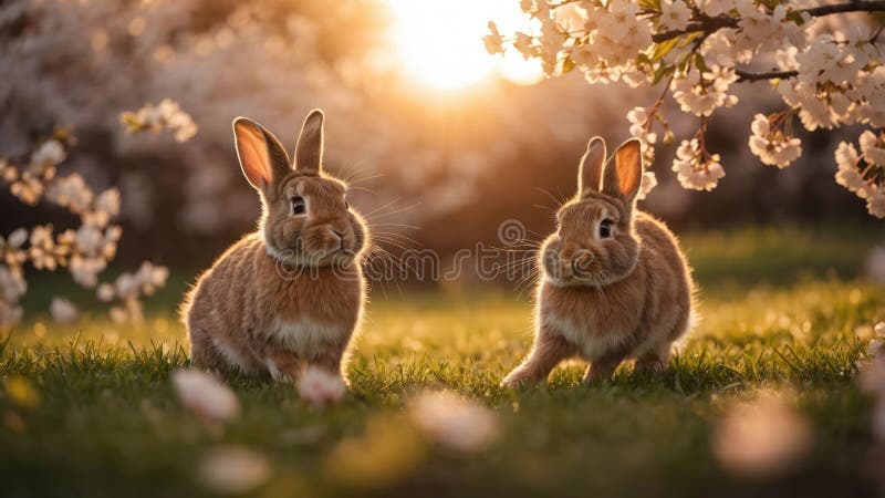 Adorable Brown Rabbits in a Blossoming Garden at Sunset Stock ...