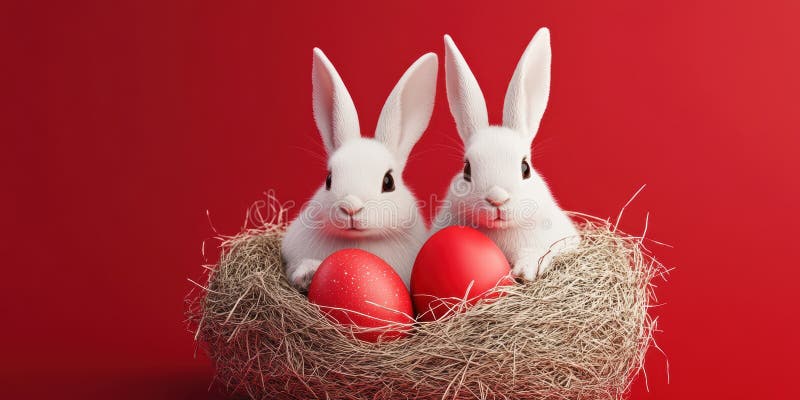 Two Rabbits Rest in a Cozy Nest Surrounded by Colorful Easter Eggs ...