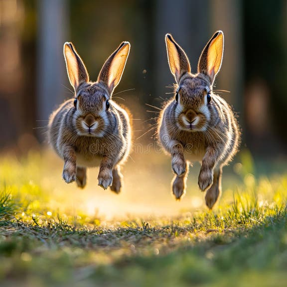 Two Rabbits Running in the Grass Stock Photo - Image of rabbits ...