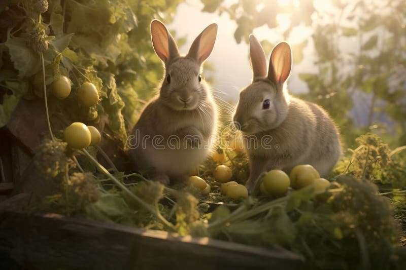 Two Rabbits Seats on Green Grass. Easter Bunny Stock Illustration ...