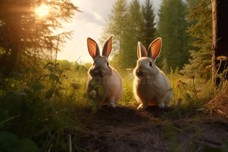 Two Rabbits Seats on Green Grass. Easter Bunny Stock Illustration ...