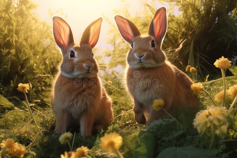 Two Rabbits Seats on Green Grass. Easter Bunny Stock Illustration ...