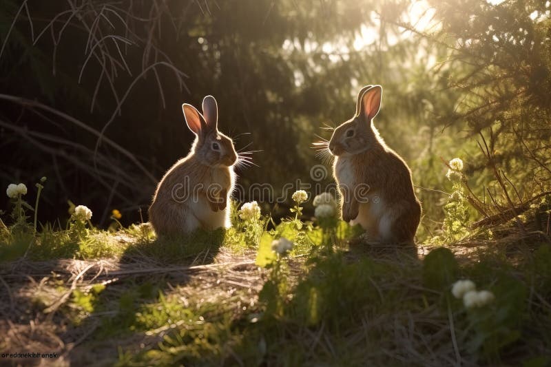 Two Rabbits Seats on Green Grass. Easter Bunny Stock Illustration ...