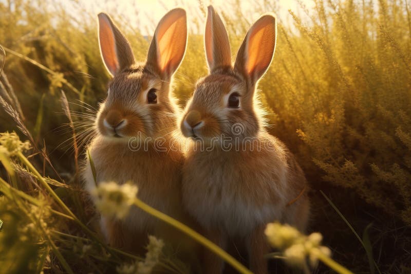 Two Rabbits Seats on Green Grass. Easter Bunny Stock Illustration ...
