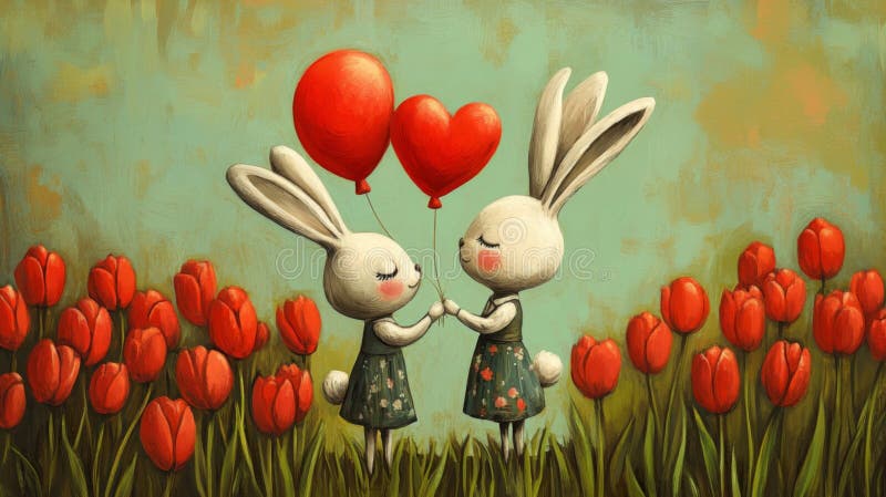Two Rabbits Share Balloons Amidst Red Tulips Stock Illustration ...