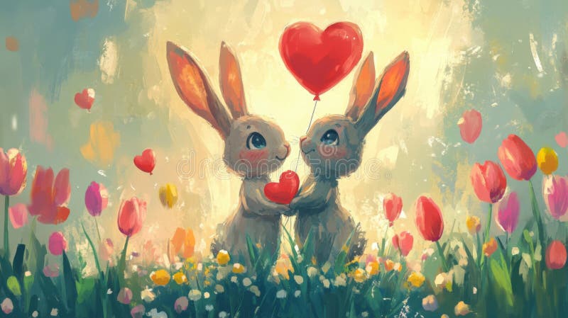 Two Rabbits Sharing a Heart in a Flower Field Stock Illustration ...