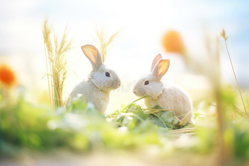 Two Rabbits Sharing a Large Carrot on a Sunny Patch Stock Photo - Image ...