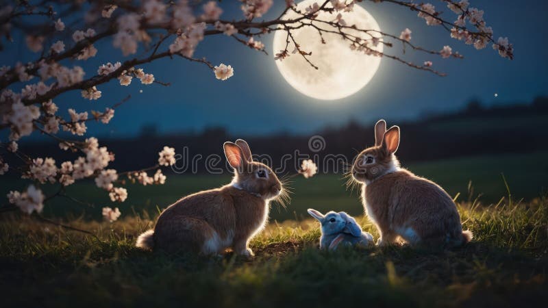 Two Adorable Rabbits Under the Moonlight with Cherry Blossoms Stock ...