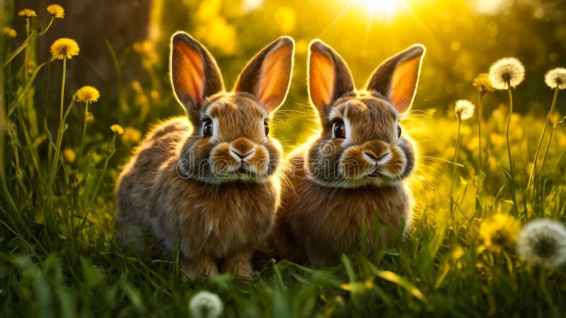 Two Rabbits Sit in the Grass at Sunset. Generative AI Stock Photo ...