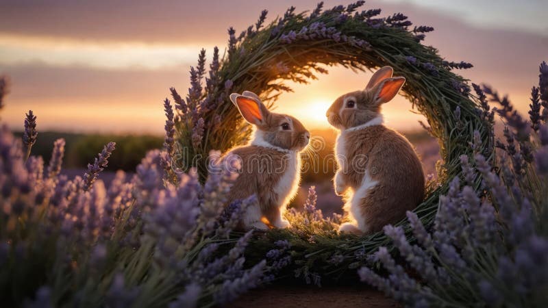 Golden Hour Bunnies: Adorable Rabbits in Lavender Field at Sunset Stock ...