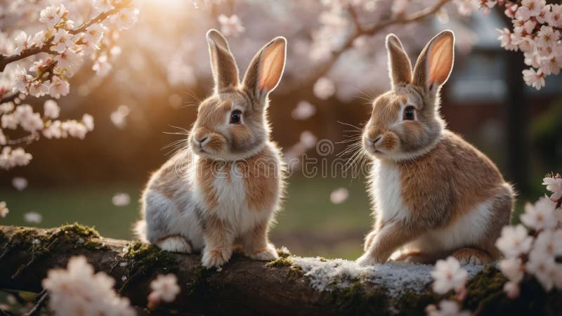 Adorable Bunny Pair in Spring Blossoms Stock Illustration ...