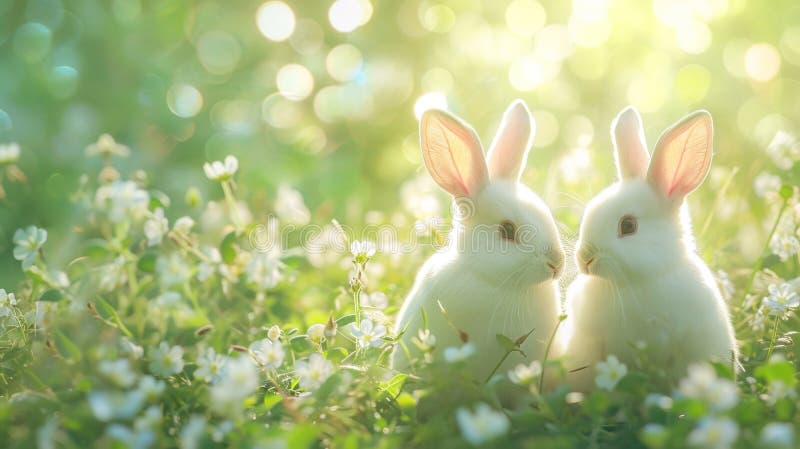 Two Rabbits are Sitting in a Field of Flowers, AI Stock Photo - Image ...