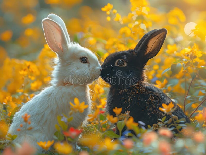 Two Rabbits Sitting in Field of Flowers Stock Image - Image of meadow ...