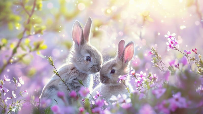 Two Rabbits Sitting in a Field of Flowers. Perfect for Nature Lovers ...