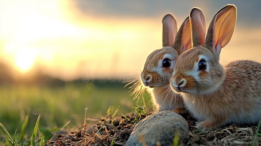 Two Rabbits Sitting in the Grass at Sunset Stock Photo - Image of ...