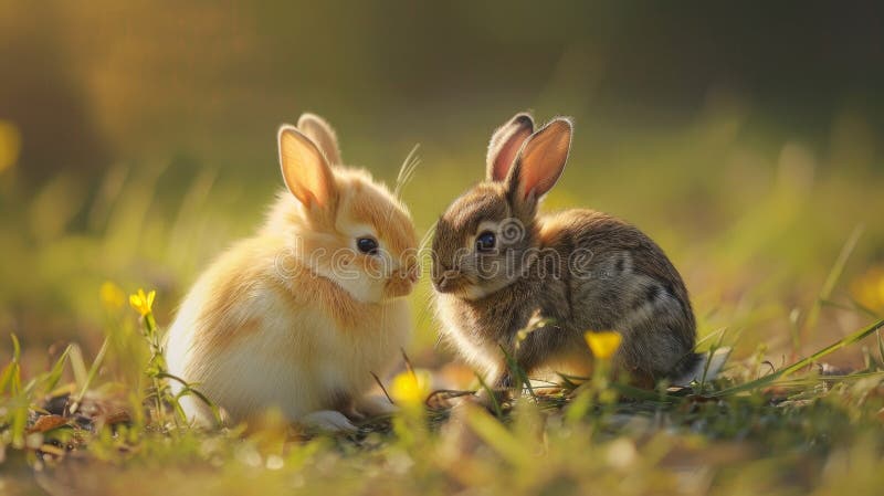 Two Rabbits are Sitting in the Grass and Touching Noses, AI Stock Photo ...