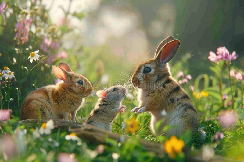 Two Rabbits Sitting on a Lush Green Field Stock Photo - Image of ...