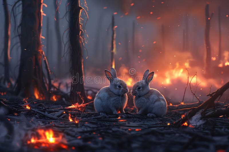 Two Rabbits are Sitting in the Middle of a Forest Fire Stock Image ...