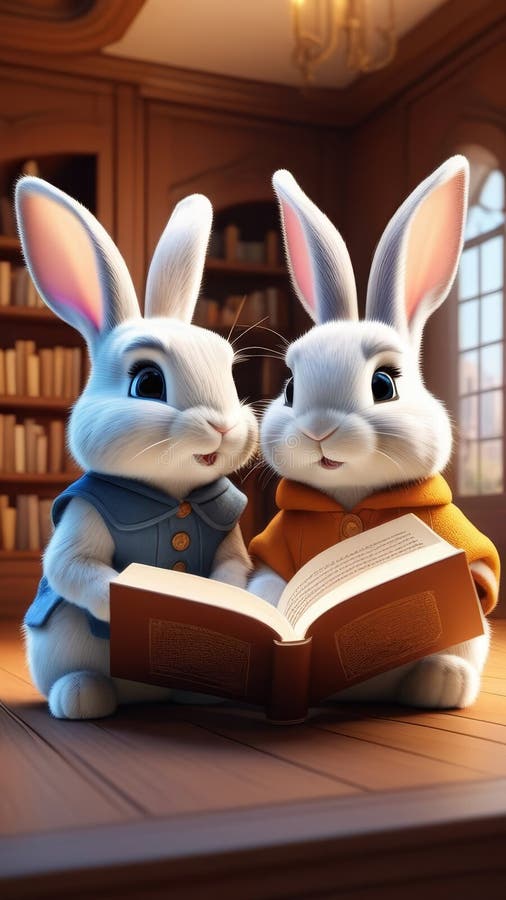 Two Rabbits are Sitting on a Table Reading a Book. the Book is Open To ...