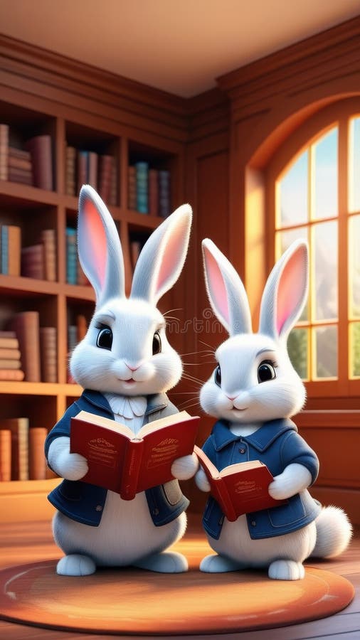 Two Rabbits are Sitting on a Table Reading a Book. the Book is Open To ...