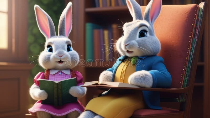 Two Rabbits are Sitting on a Table Reading a Book. the Book is Open To ...