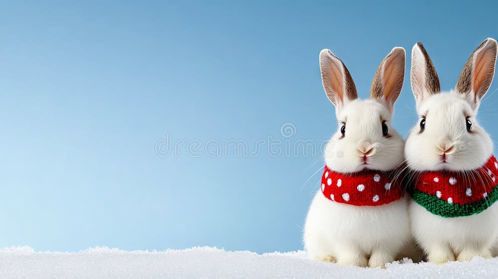 Two Rabbits in the Snow Wearing Scarfs Stock Photo - Image of sitting ...