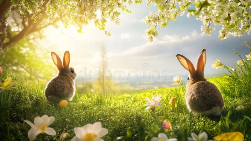 Two Rabbits in a Spring Meadow Bathed in Sunshine Stock Illustration ...