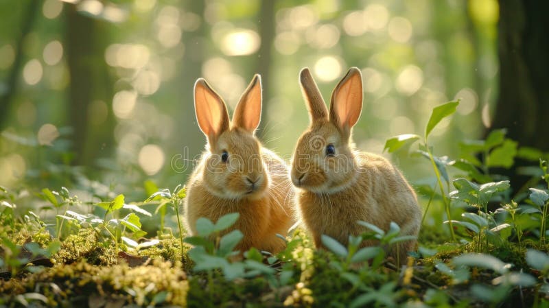 Two Rabbits are Standing in the Grass Next To Each Other, AI Stock ...