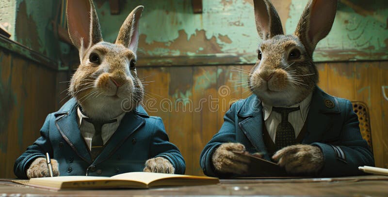 Two Rabbits in Suits Working at a Desk Stock Illustration ...