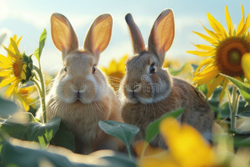 Two Rabbits among Sunflower Field Stock Illustration - Illustration of ...