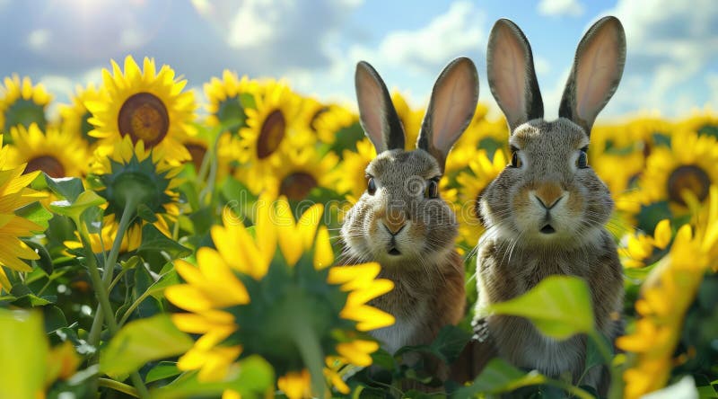 Two Rabbits among Sunflower Field Stock Illustration - Illustration of ...