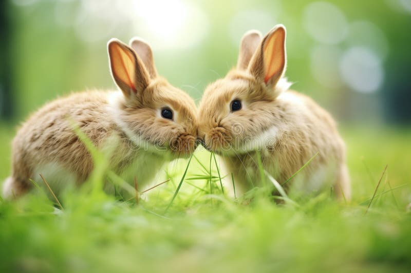 Two Rabbits Touching Noses in Green Grass Stock Illustration ...