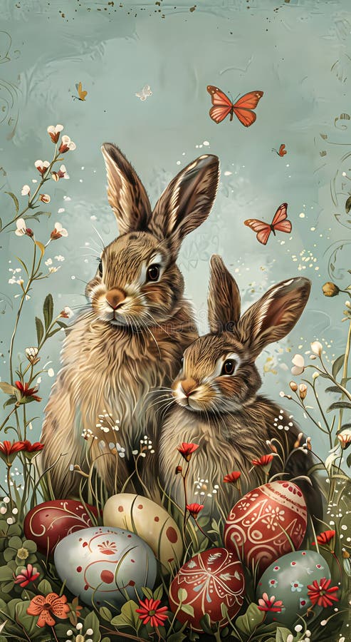 Two Rabbits in Victorian Style Stock Image - Image of card, blooming ...