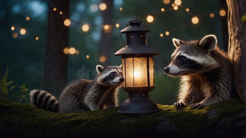 Charming Raccoons by Night Lantern Light in Enchanted Forest Stock ...