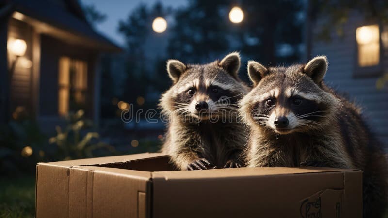 Two Curious Raccoons Peeking from Cardboard Box at Night Stock ...