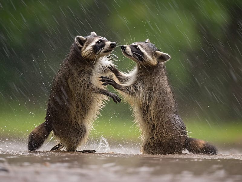 Two Raccoons Dancing in the Rain, Generative Ai Stock Illustration ...