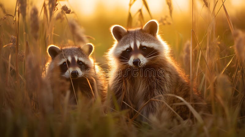 Two Raccoons in a Field at Sunset. Neural Network AI Generated Stock ...