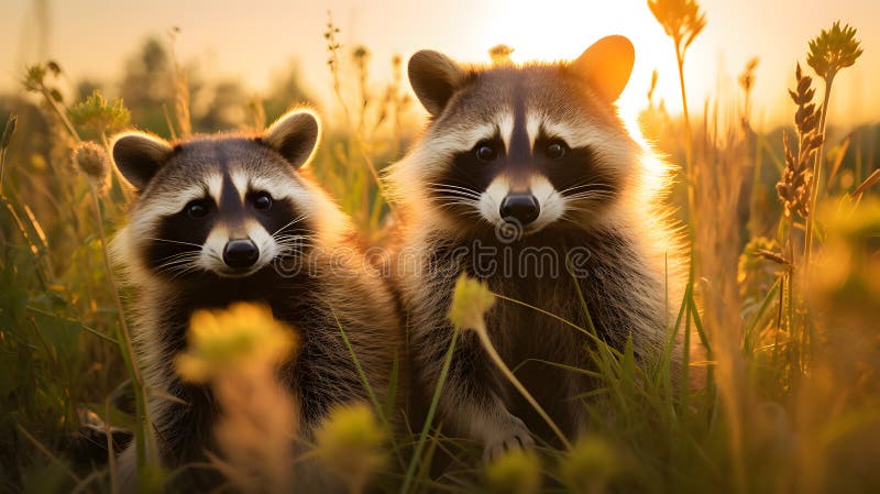 Two Raccoons in a Field at Sunset. Neural Network AI Generated Stock ...