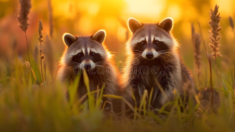 Two Raccoons in a Field at Sunset. Neural Network AI Generated Stock ...