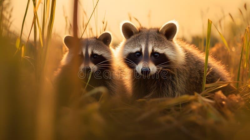 Two Raccoons in a Field at Sunset. Neural Network AI Generated Stock ...