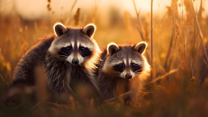 Two Raccoons in a Field at Sunset. Neural Network AI Generated Stock ...