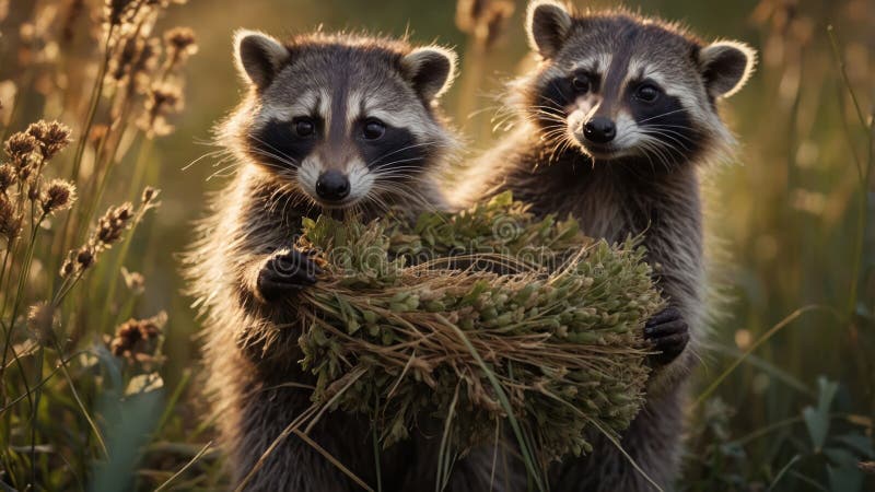 Adorable Raccoon Twins Holding Nest Material at Sunset Stock ...